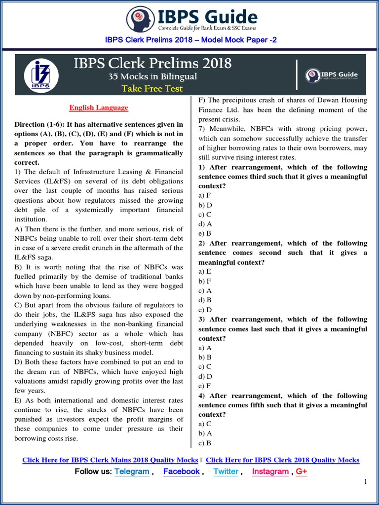IBPS Clerk Prelims 2018 Model Mock Paper - 2 | PDF | Non Bank Financial ...