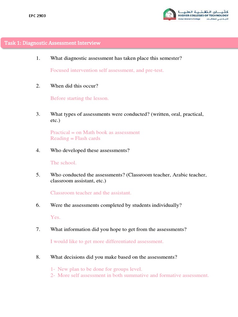 Diagnostic Assessment Overview EPC 2903 | PDF | Career & Growth
