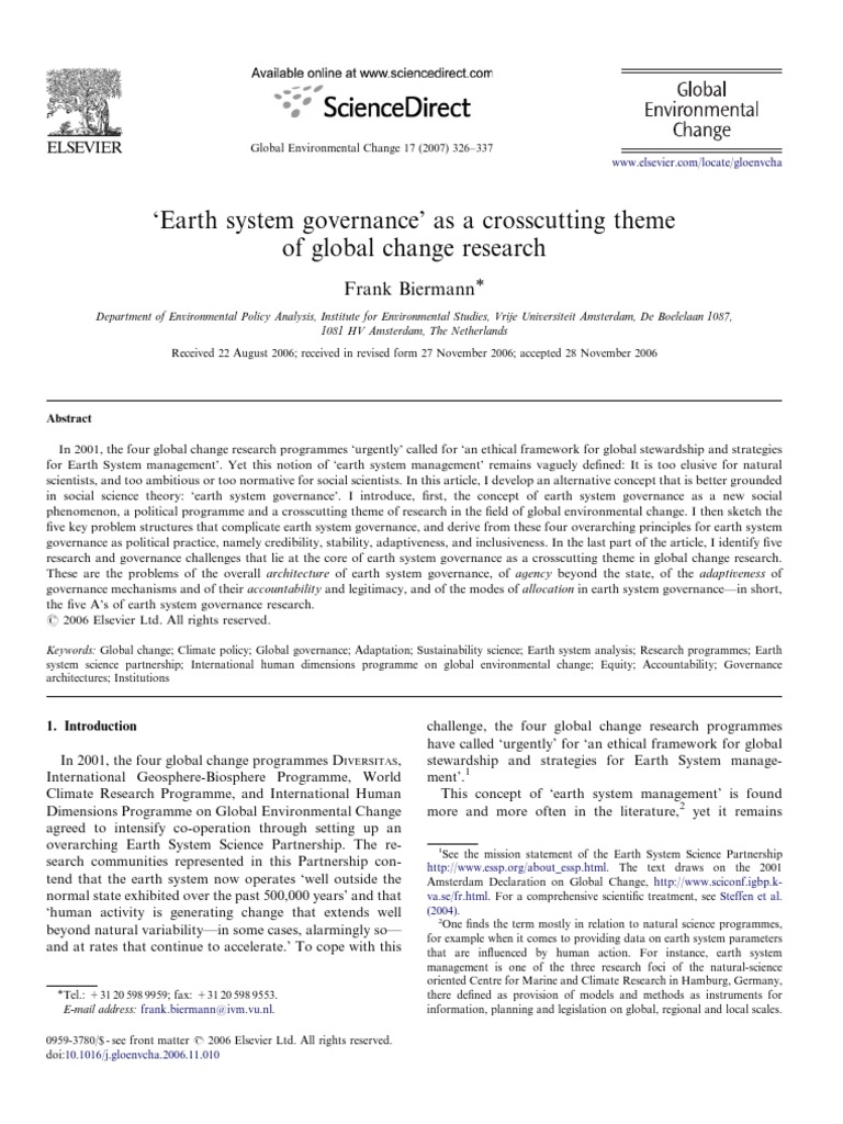 Earth System Governance' As A Crosscutting Theme of Global Change ...