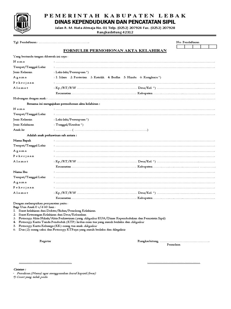 Formulir Akta Kelahiran | PDF