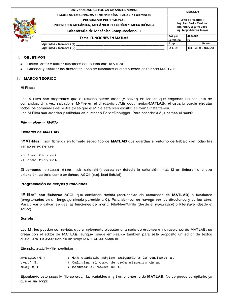 Lab N 3 - Funciones Con MATLAB - 2012 - II | PDF | Función (Matemáticas) | Programa de computadora
