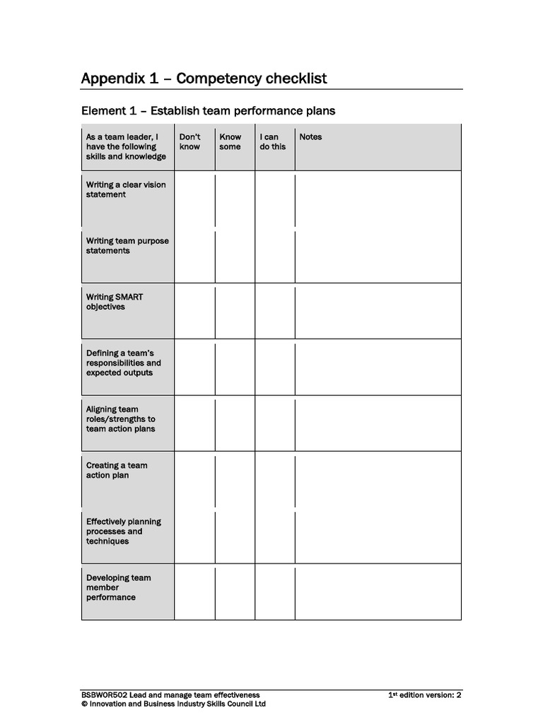 Appendix 1 - Competency Checklist: Element 1 - Establish Team ...