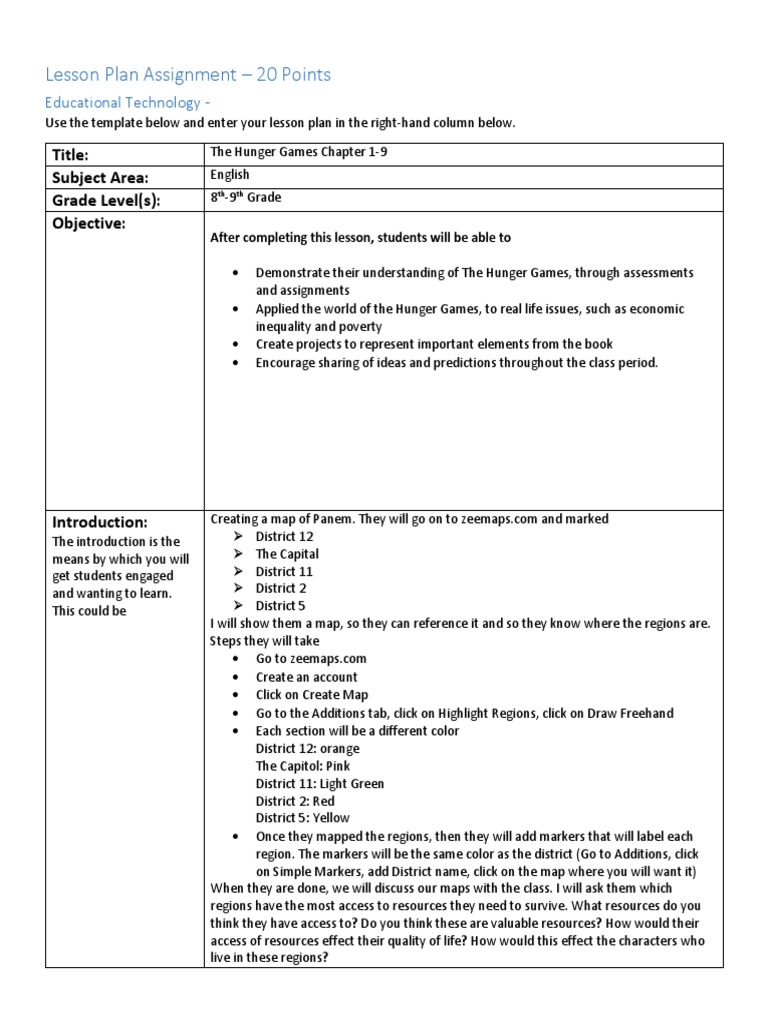 Lesson Plan Assignment - 20 Points: Title: Subject Area: Grade Level(s ...