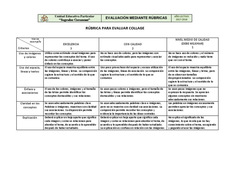 Rúbrica Para Evaluar Collage Pdf Cognición Ciencia Cognitiva