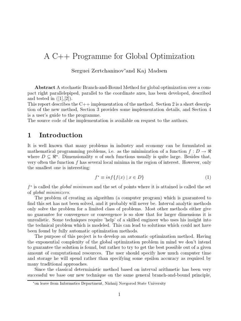 A C++ Programme For Global Optimization: Serguei Zertchaninov and Kaj Madsen | PDF | Subroutine ...
