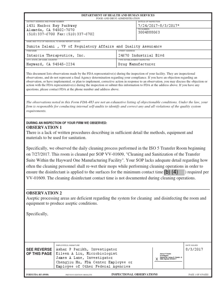 Intarcia Therapeutics Form 483 | PDF | Food And Drug Administration ...