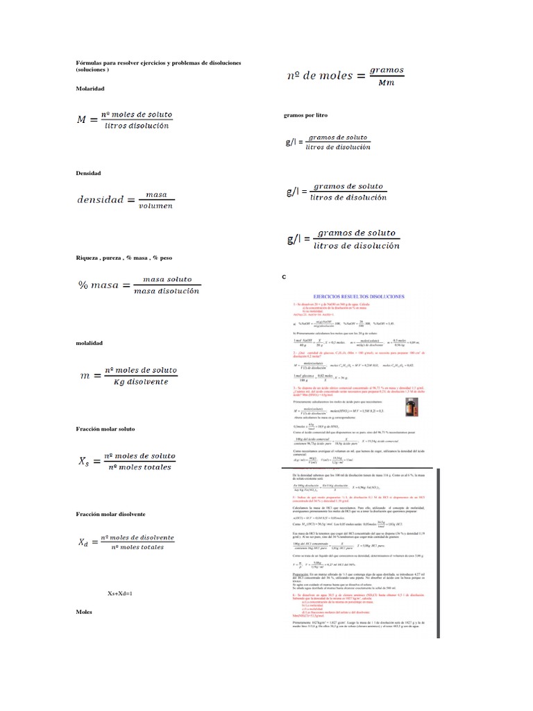 Fórmulas para Resolver Ejercicios y Problemas de Disoluciones | PDF ...