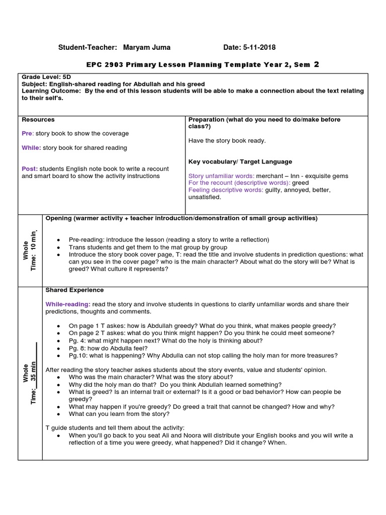 English Lesson Plan Story | PDF | Reading (Process) | Cognition