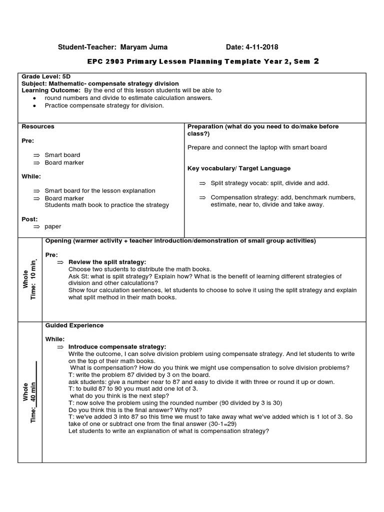 Maths Lesson Plan Compensate Strategy | PDF | Understanding | Learning