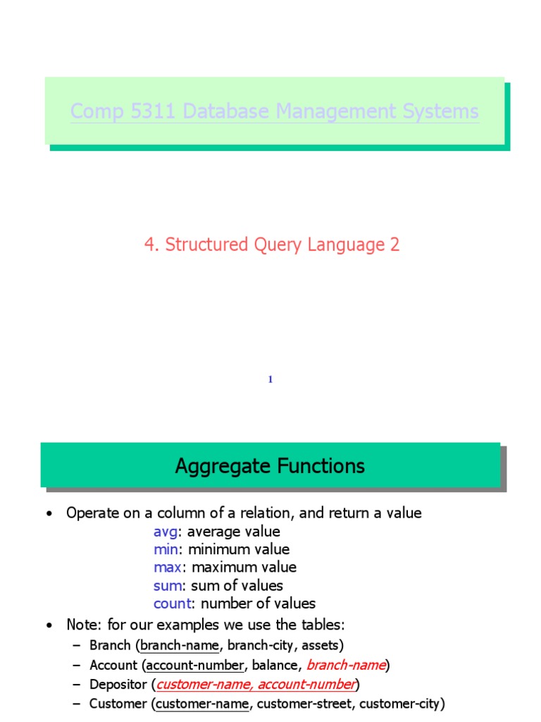 Comp 5311 Database Management Systems: 4. Structured Query Language 2 | Download Free PDF ...