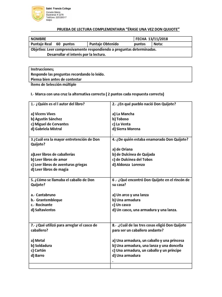 Prueba de Lectura: Don Quijote | PDF | Don Quijote | Ocio
