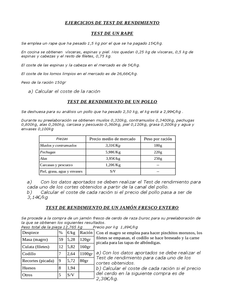 Ejercicios Test de Rendimiento ML | Productos ganaderos | Cocinando