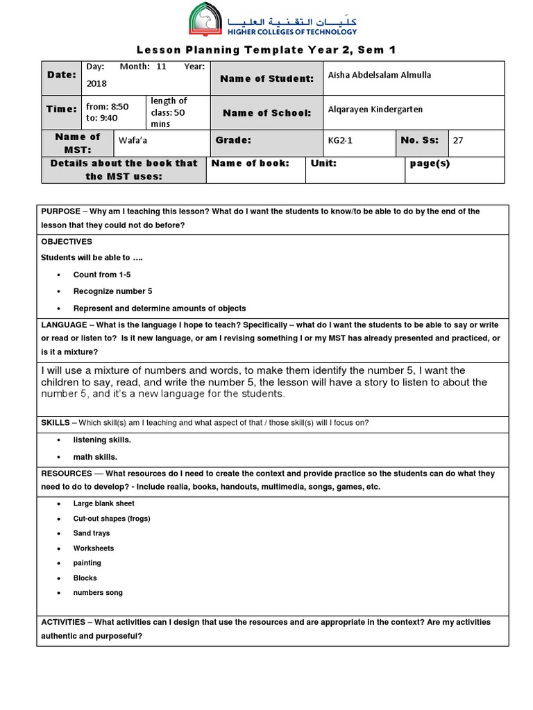 Number Five Lesson Plan | PDF | Teaching | Teachers