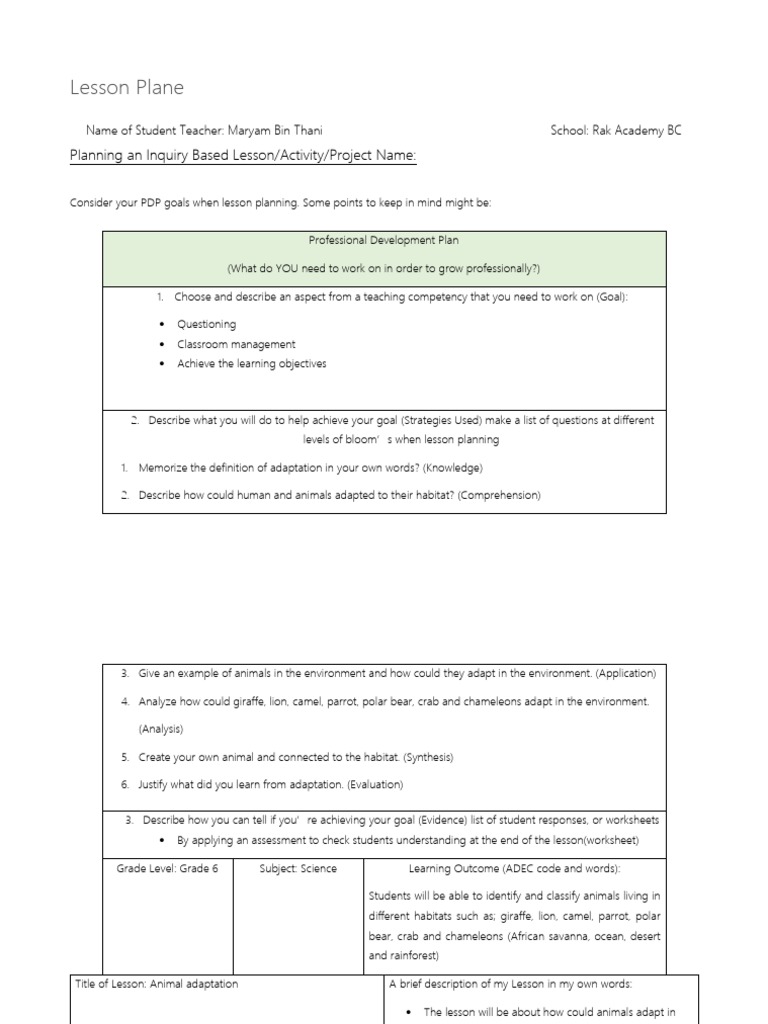 Lesson Plan Adaptations | PDF | Understanding | Educational Assessment