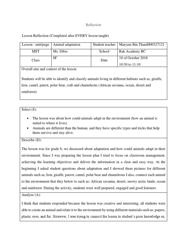 Lesson Reflection Animal Adaptation | PDF | Change | Learning