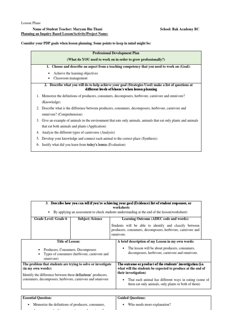 Lesson Plan of Producers Consumers Decomposers | PDF | Herbivore ...