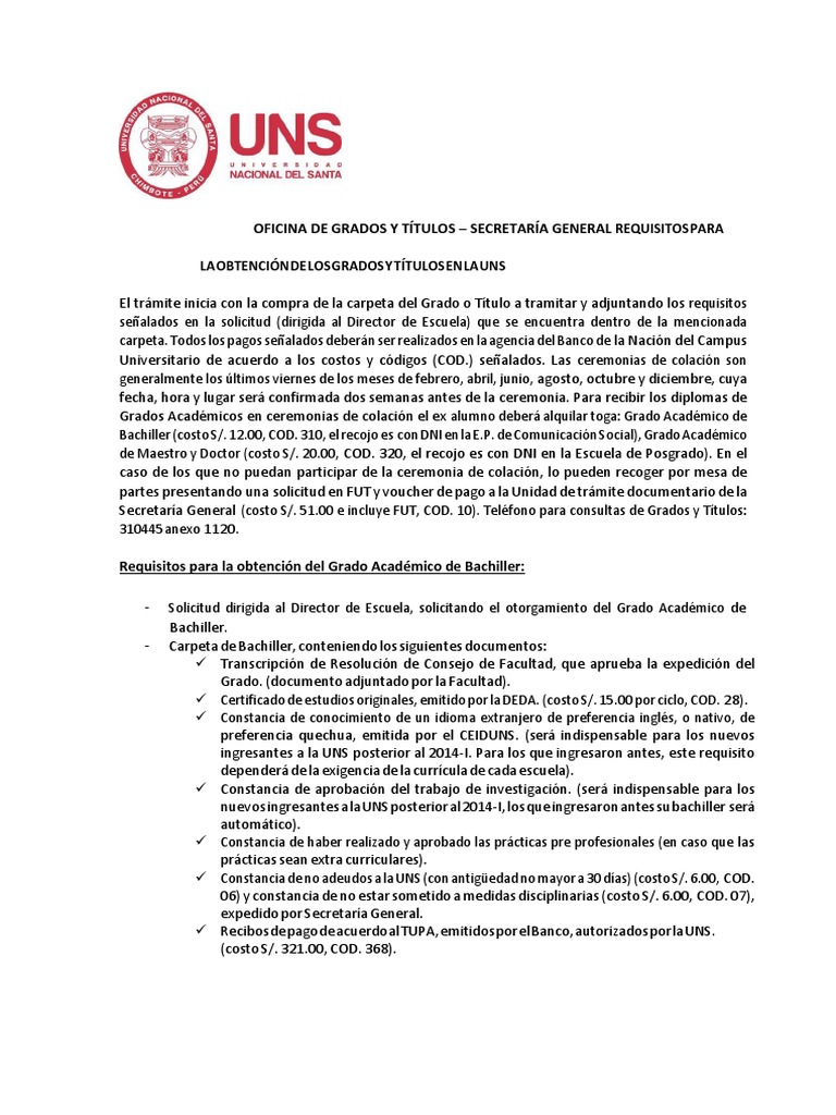 Requisitos para La Obtencion de Los Grados y Titulos en La Uns | PDF | Titulo academico ...