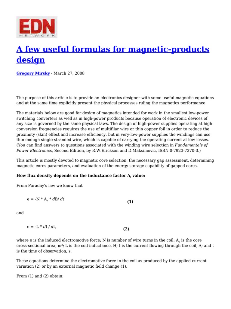 A Few Useful Formulas For Magnetic Products Design | PDF | Inductance ...