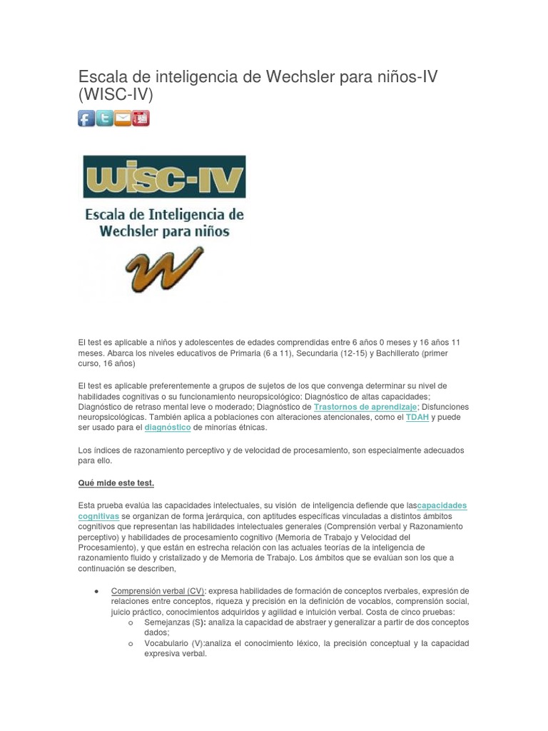 Escala de Inteligencia de Wechsler para Niños | PDF | Cociente de inteligencia | Síndrome de ...