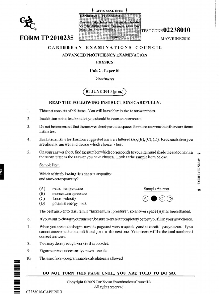 CAPE Physics 10 Unit 2 P1 | PDF