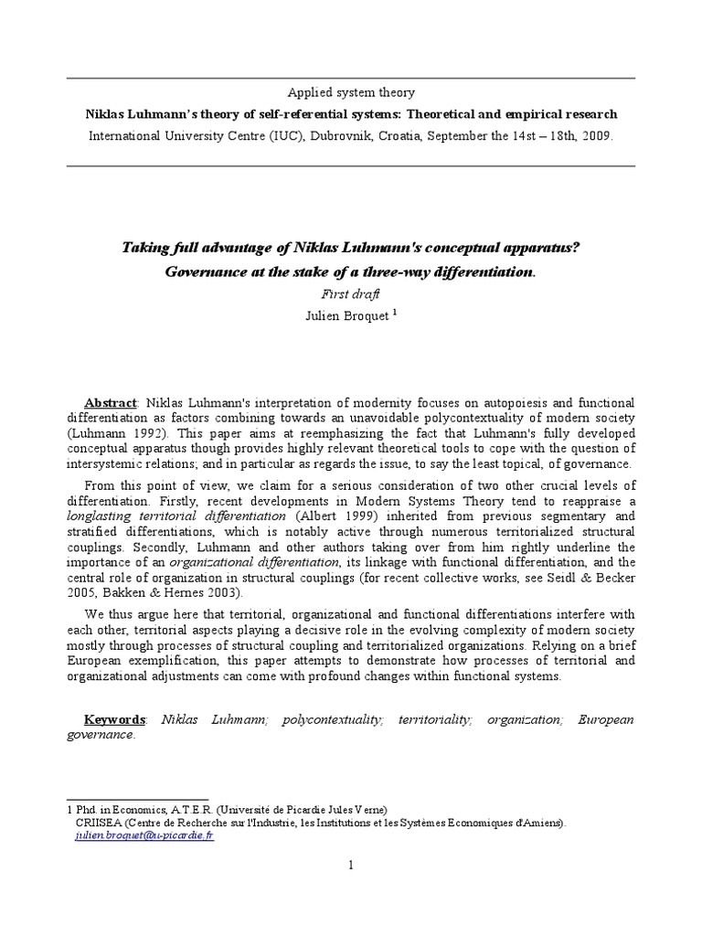 Niklas Luhmann's Theory of Self-Referential System | PDF | System ...