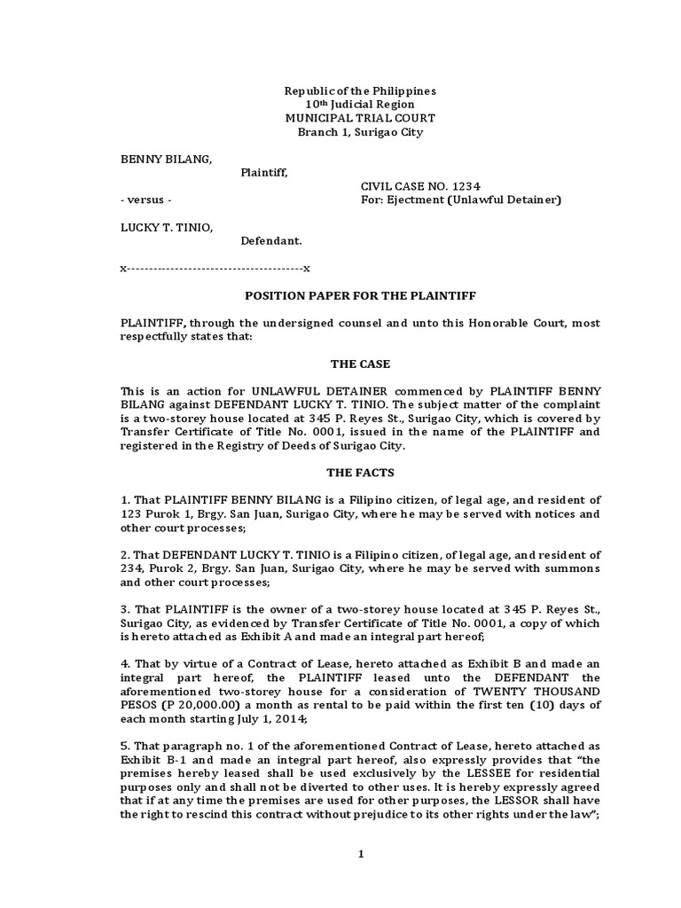 Position Paper Unlawful Detainer | PDF