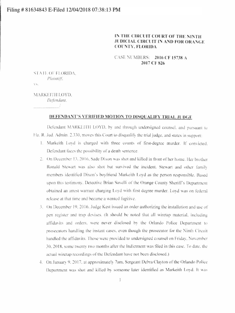 Motion to Disqualify Judge in Death Penalty Case of Florida v. Markeith ...