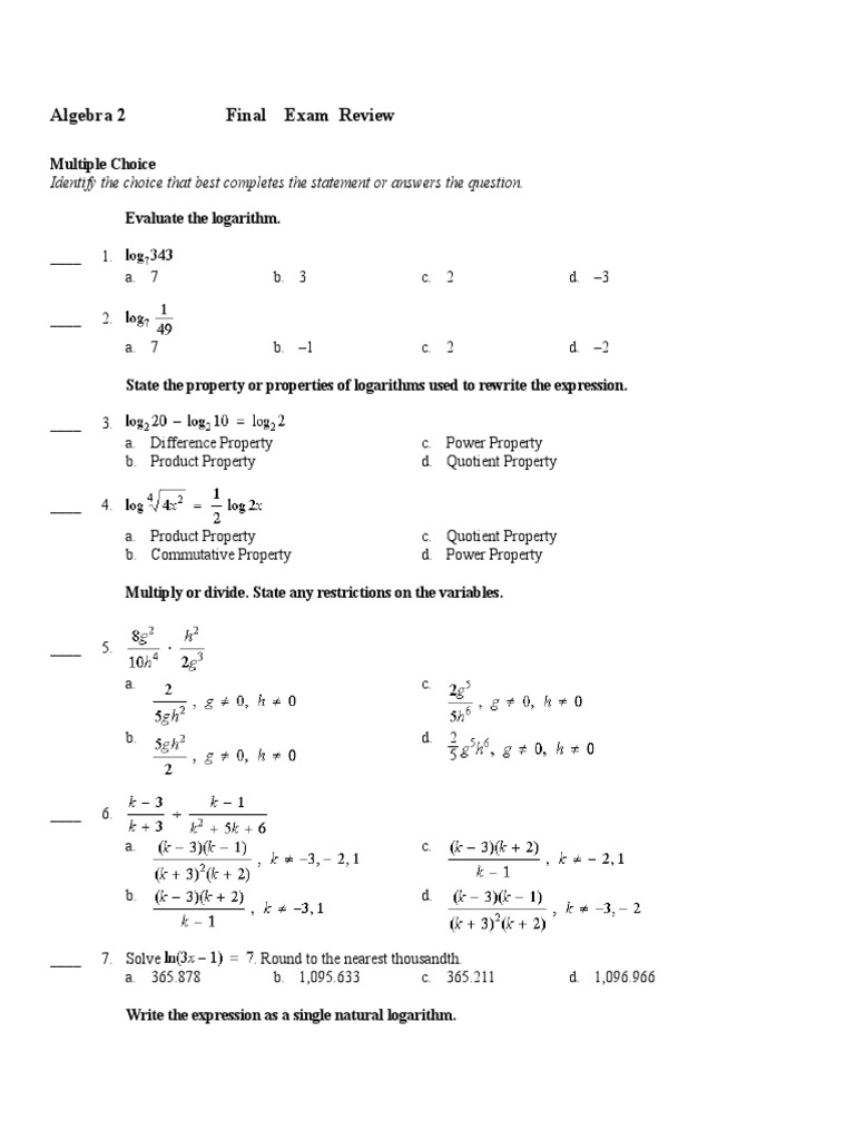 Algebra 2 Final Exam Review | PDF | Logarithm | Exponential Function