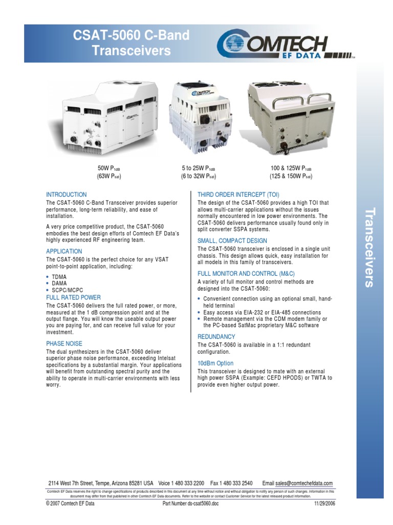 Comtech Ef Data Csat5060 100W C-Band Transceiver | PDF | Hertz | Decibel