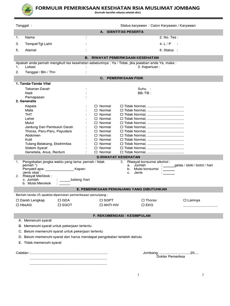 Form Pemeriksaan Kesehatan Karyawan | PDF