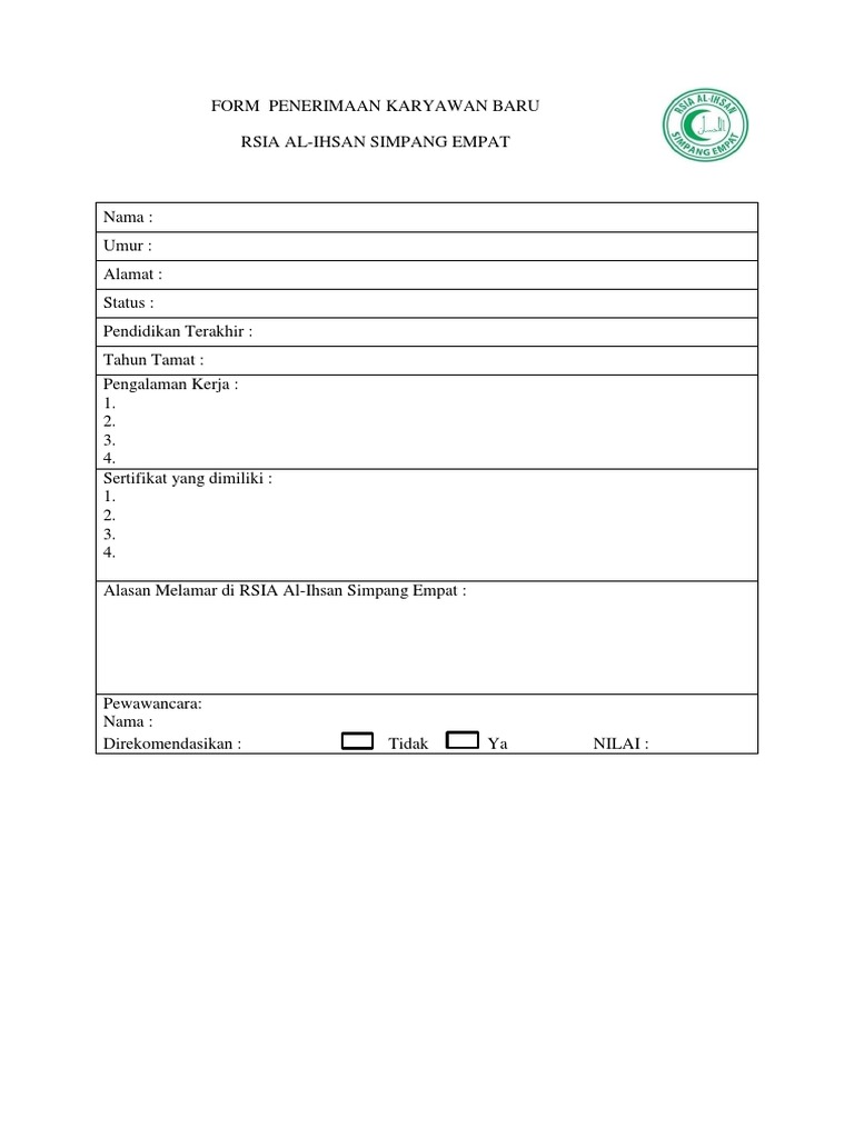 Form Penerimaan Karyawan Baru | PDF