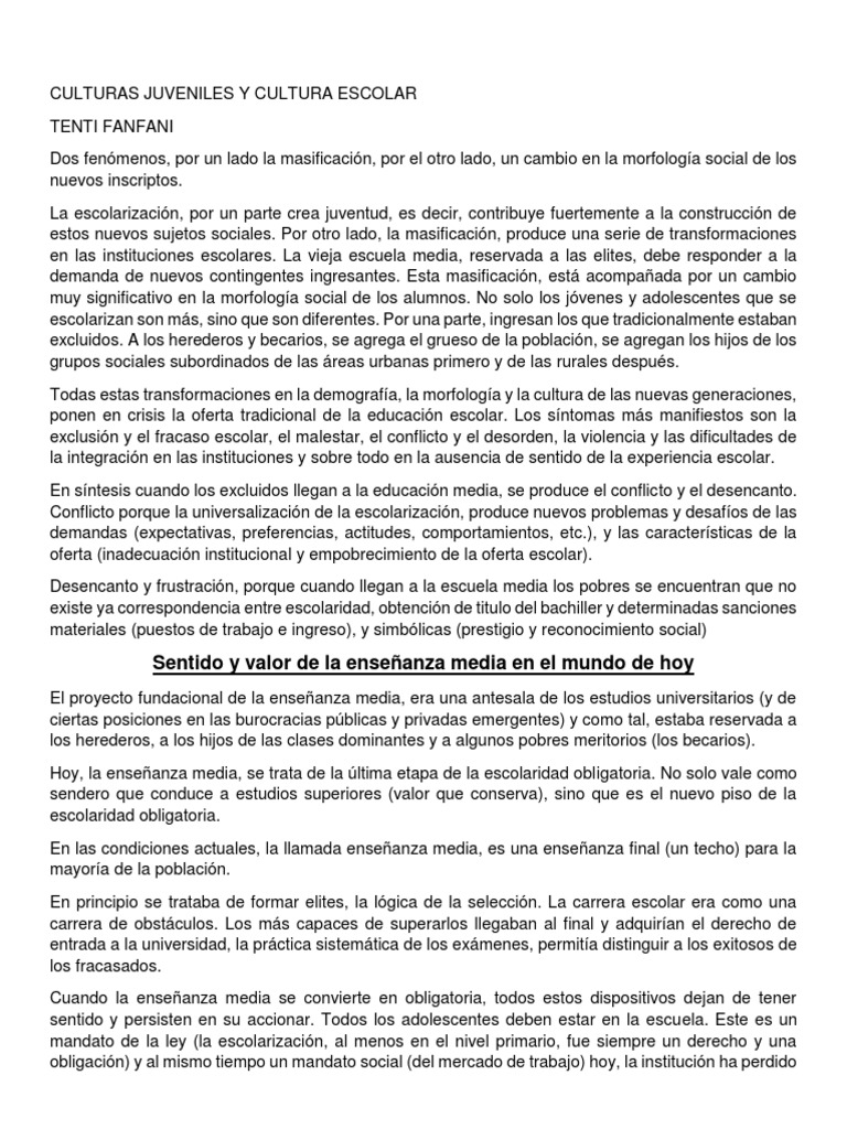 Culturas Juveniles y Cultura Escolar | PDF | Educación Secundaria ...