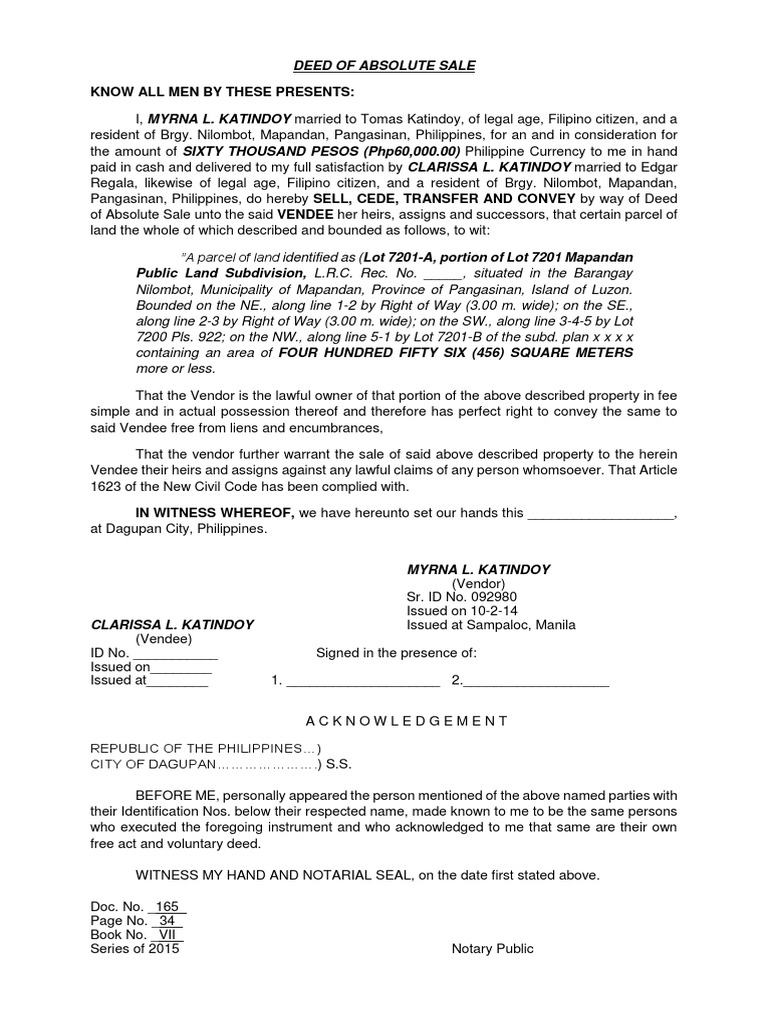 Know All Men by These Presents:: Deed of Absolute Sale | Download Free PDF | Natural Resources ...