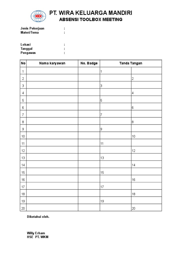 Absensi Toolbox Meeting | PDF