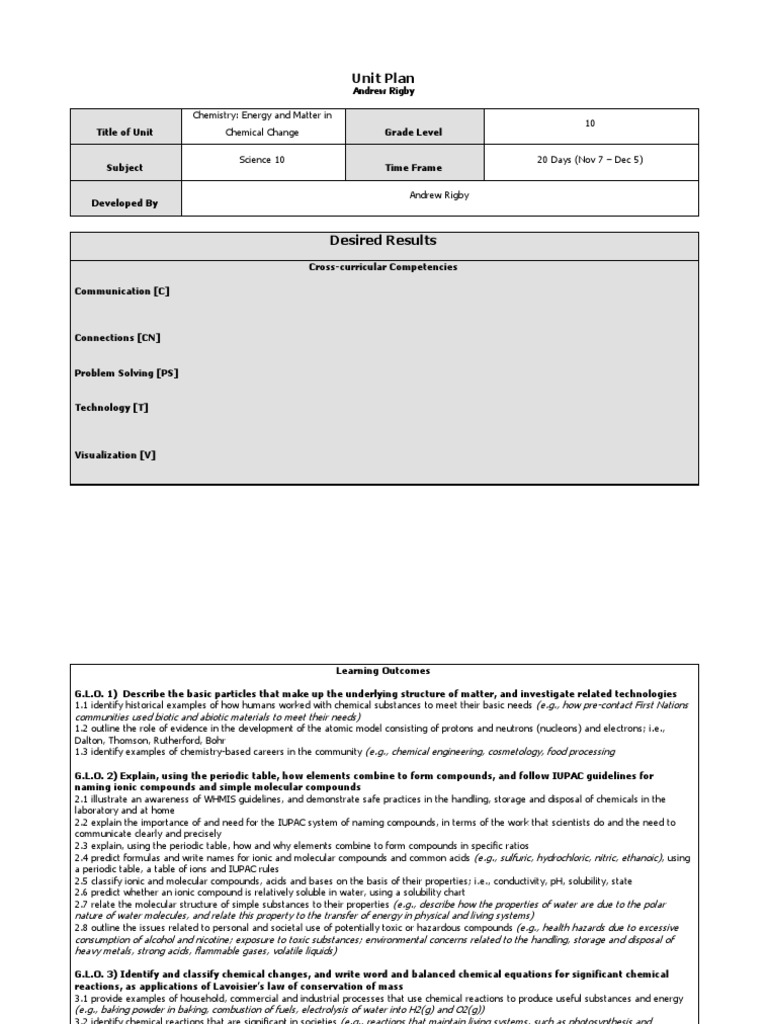 Chemistry Unit Plan | PDF | Chemical Reactions | Chemical Compounds