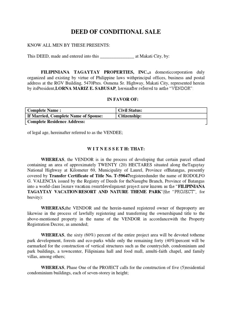 Deed of Conditional Sale Mariz | PDF | Condominium | Deed
