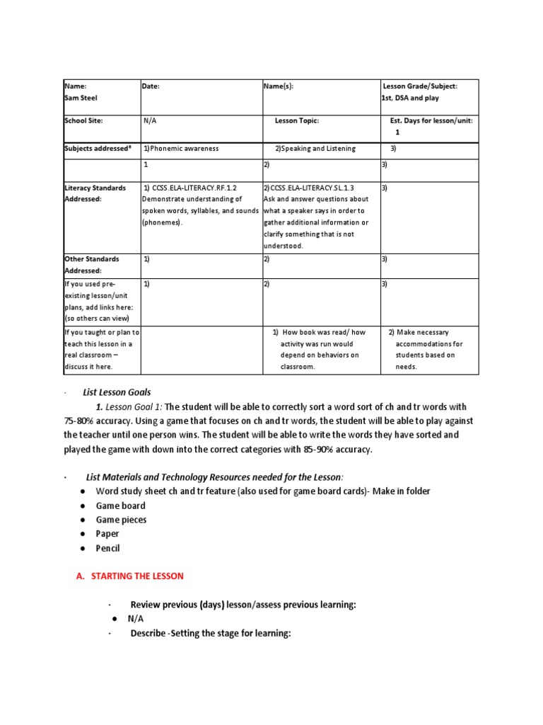 Phonemic Awareness Lesson Plan for 1st Grade | PDF | Lesson Plan | Teachers