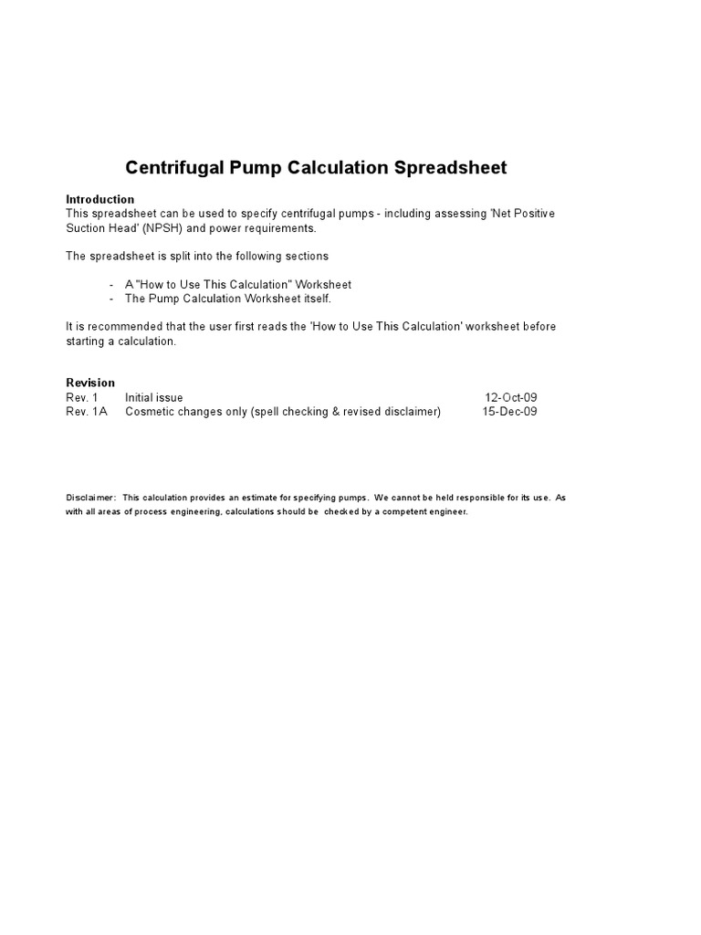 Centrifugal Pump Calculation Spreadsheet | PDF | Pump | Gases