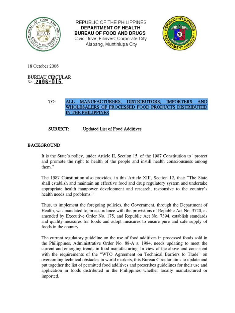 Updated List of Food Additives BC 2006-016 | PDF | Drink | Desserts