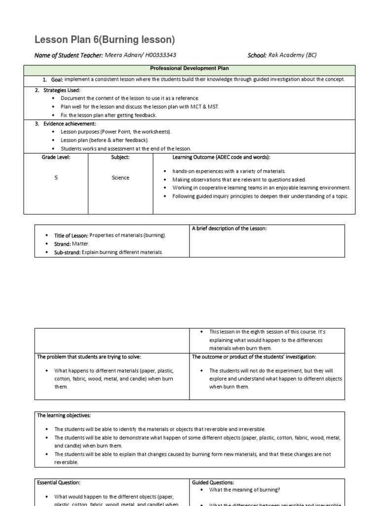Lesson Plan Burning | PDF | Lesson Plan | Question