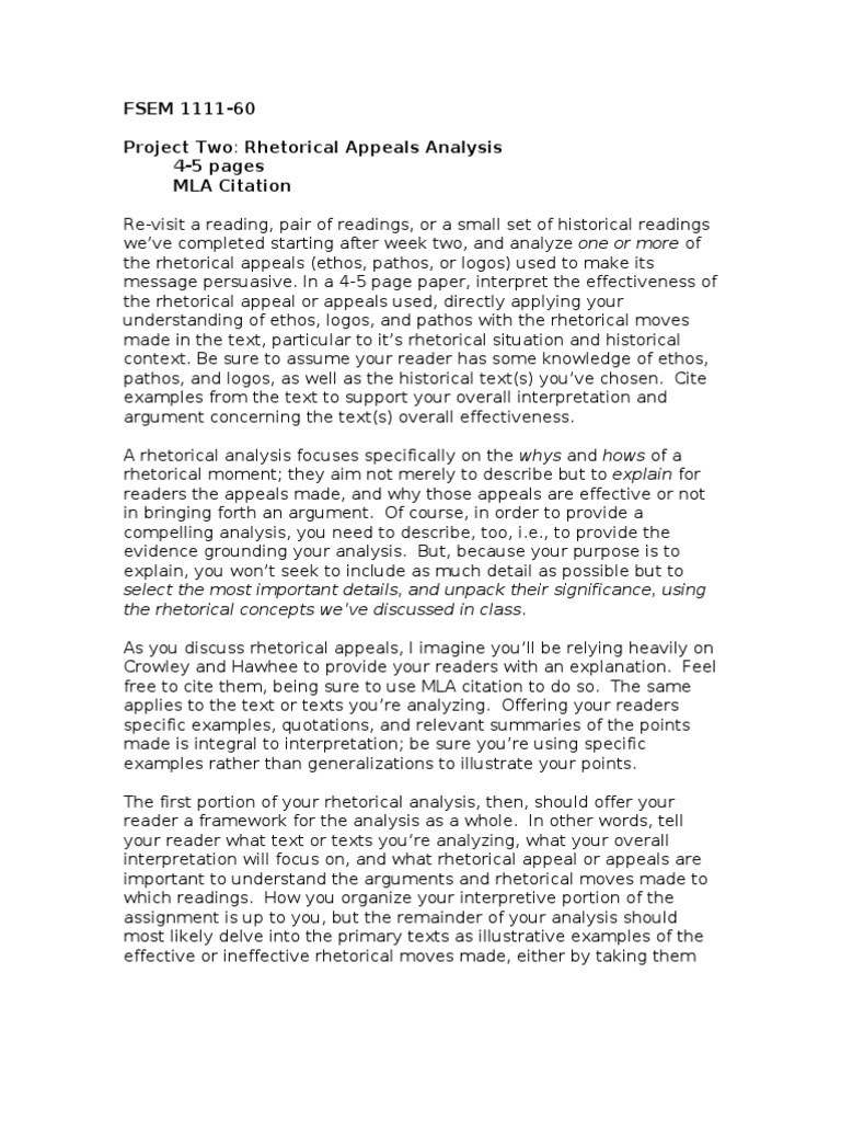 FSEM 1111-60 Project Two: Rhetorical Appeals Analysis 4-5 Pages MLA ...