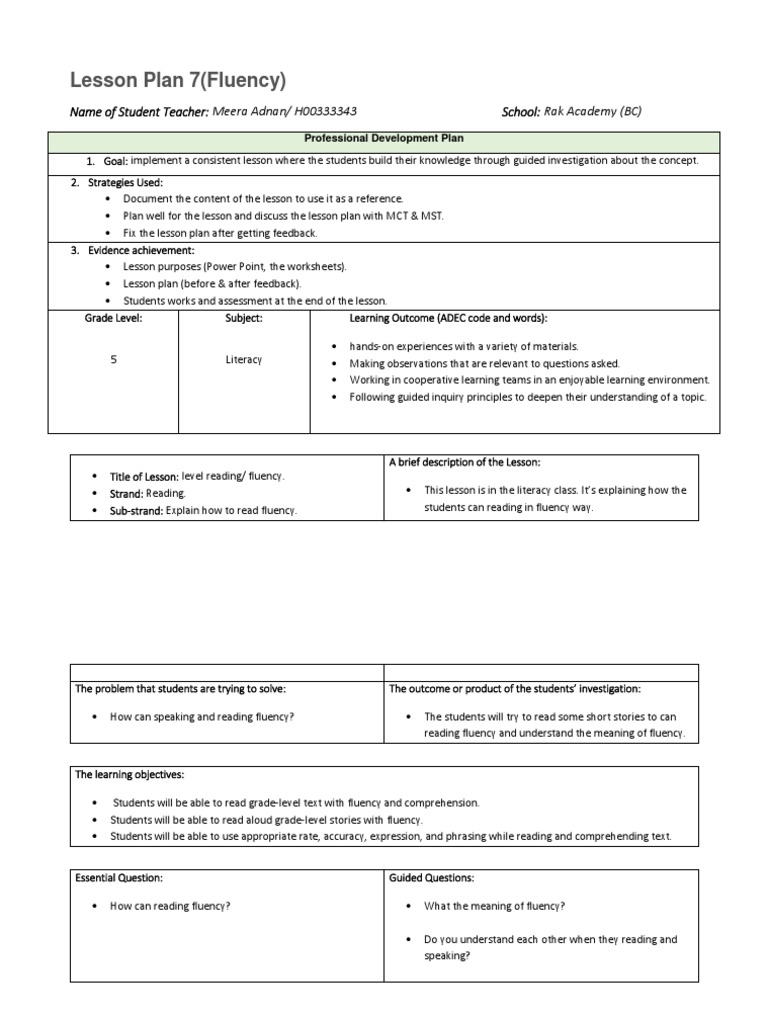 Lesson Plan 7 | PDF | Lesson Plan | Fluency