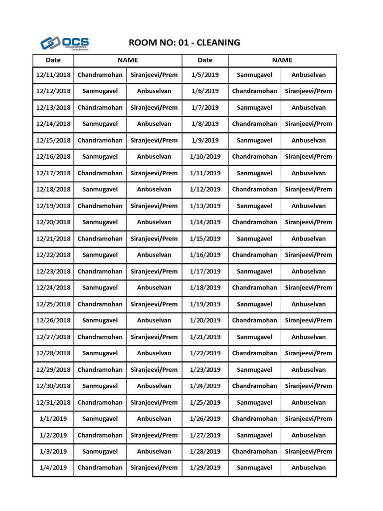 Room No: 01 - Cleaning: Date Name Date Name | PDF