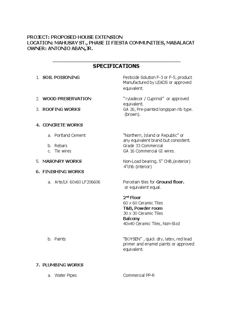 Proposed Specifications for the House Extension Located at Mahusay St ...