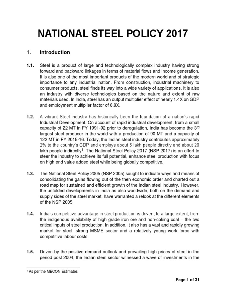 National Steel Policy 2017 Overview | PDF | Iron Ore | Steel