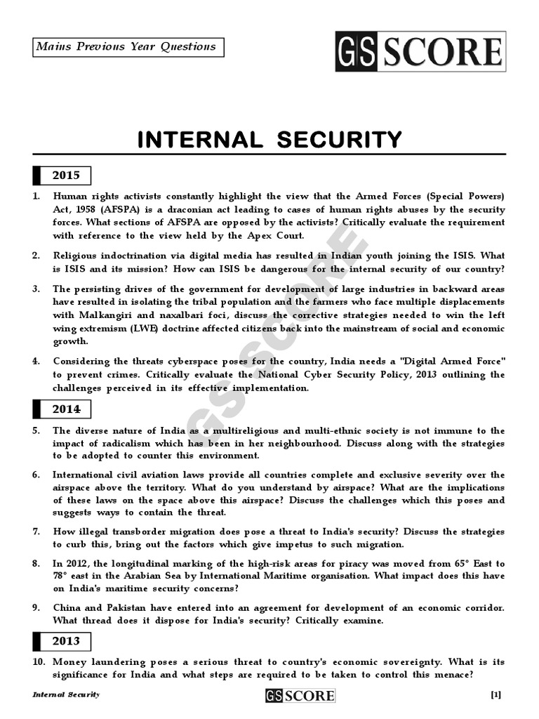 Internal Security: Mains Previous Year Questions | Download Free PDF ...