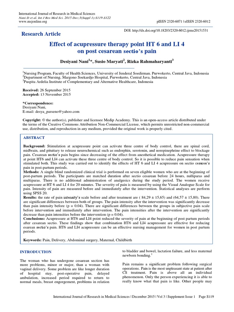 Effect of Acupressure Therapy Point HT 6 and LI 4 On Post Cesarean ...