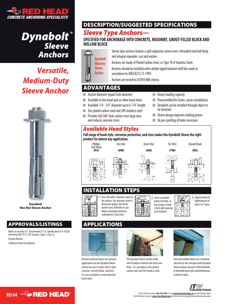 ITW - Dynabolt Sleeve Anchor PDF | PDF | Screw | Manufactured Goods