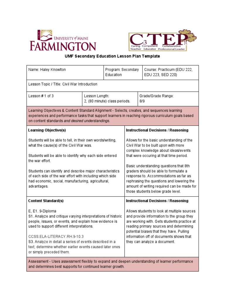 Haley Civil War Le1 | PDF | Lesson Plan | Special Education