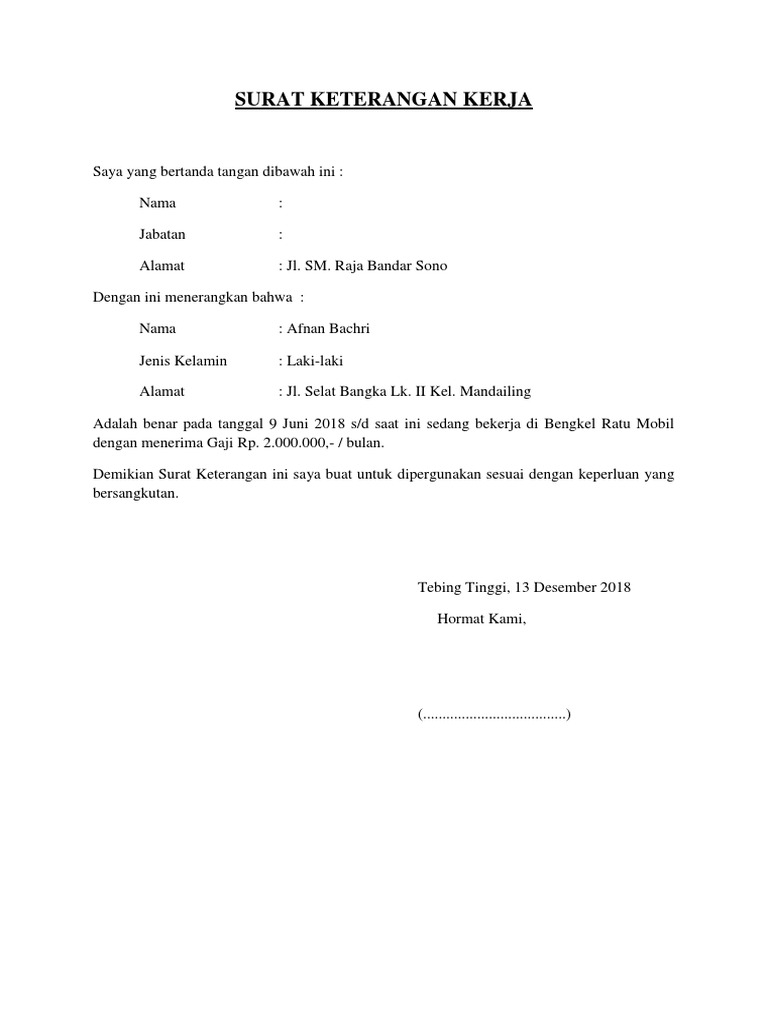 Surat Keterangan Kerja | PDF